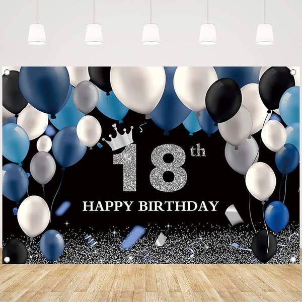 Blue Happy 18th Birthday Backdrop Decorations Dot Glitter Balloons ...