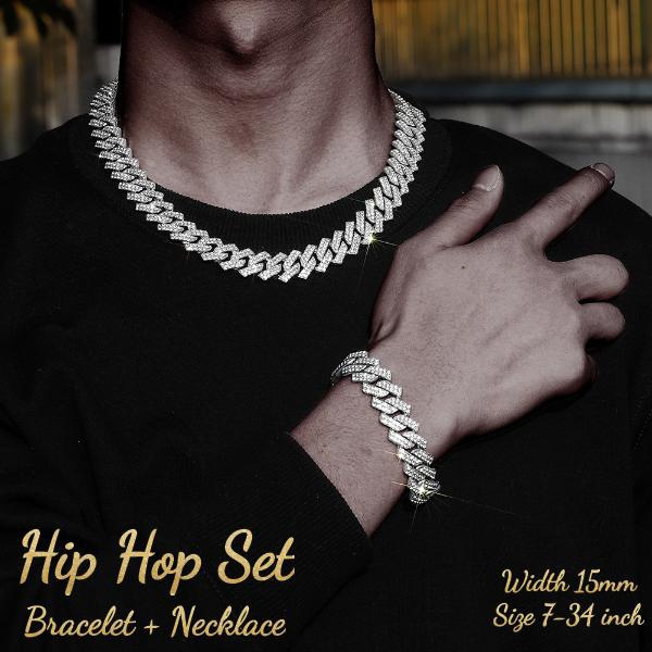 Hip Hop Jewelry Set 15MM Prong Cuban Link Chain Bling Iced Out 2 Row ...