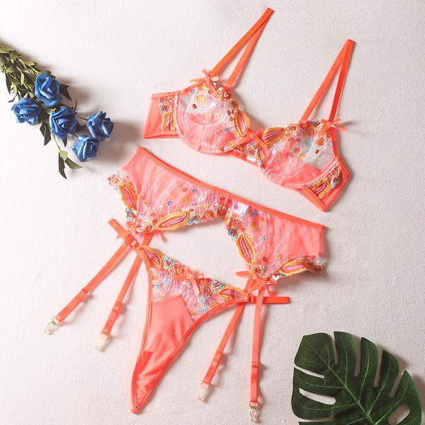 Embroidery Lace Bra Set Women Floral Bra Underwire + Thong Underwear ...