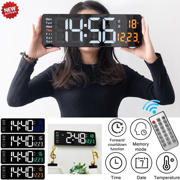 Wall Mounted Digital Clock Remote Control Temp Date Week Large Screen ...