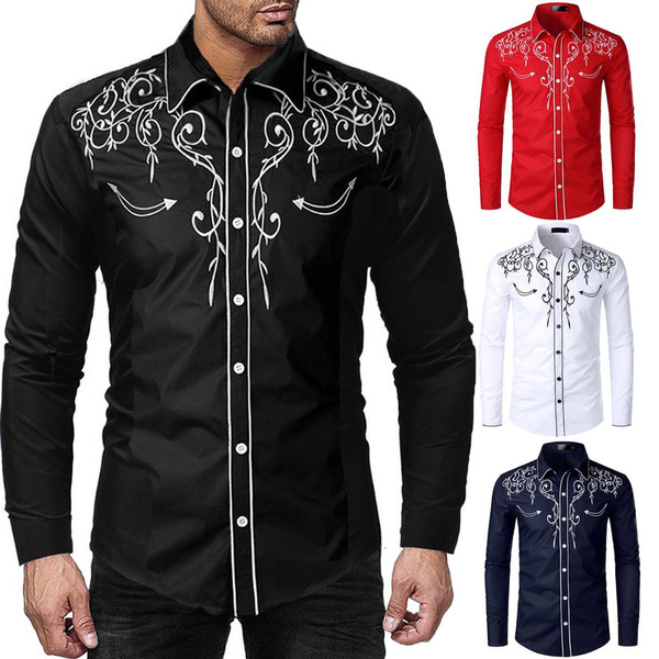 Men's Western Cowboy Shirt Embroidered Long Sleeve Cotton Casual Button Down Shirt | Wish