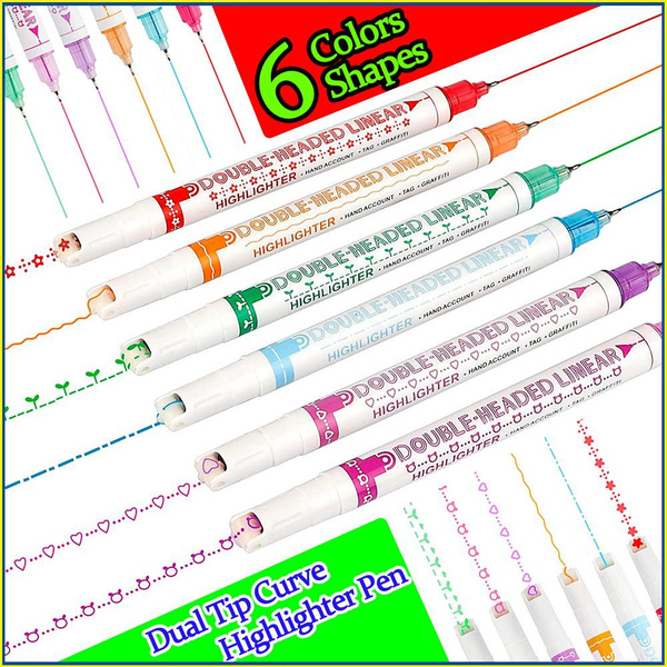 Dual Tip Curve Highlighter Pen Liner Underlining Markers 6 Shapes for ...