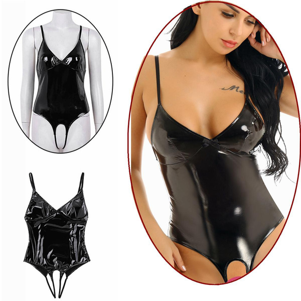 Sexy Women Lingerie Wet Look Patent Leather One Piece Crotchless Teddy