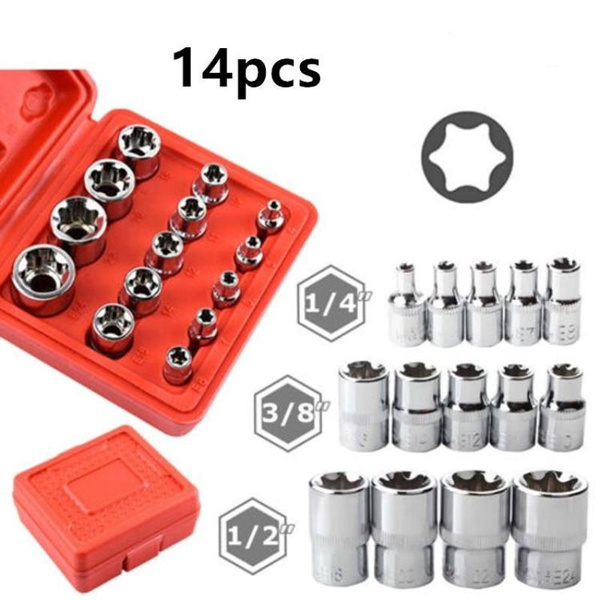 14Pcs E-Torx Star Socket Set with Case, 1/4, 3/8, 1/2 in. Drive Female ...