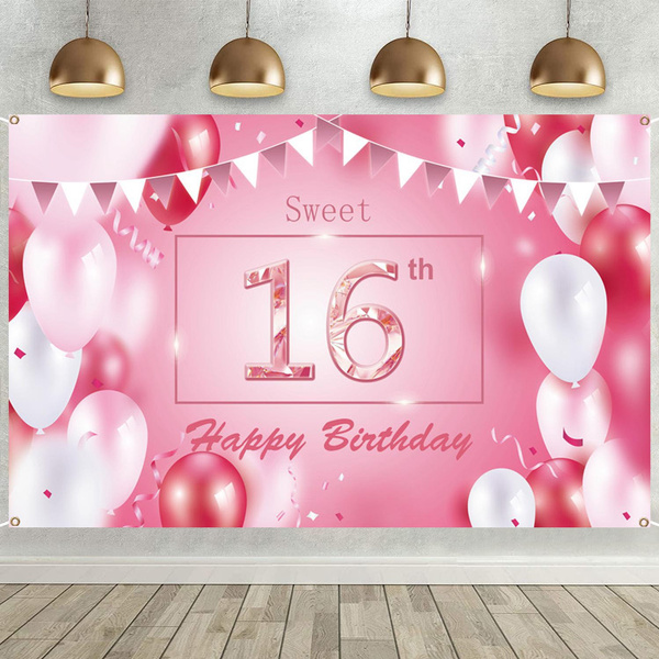 Sweet 16th Happy Birthday Banner Backdrop Pink Sweet 16th Birthday ...