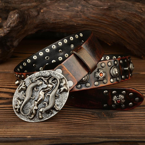 Punk Men Belt Genuine Leather Belt Male Cowboy Rock Rivet Black Strap ...