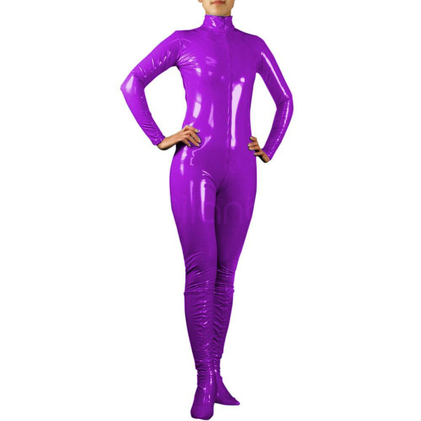 Women Long Sleeve Bodycon pvc leather catsuit Footed Vinyl Slim Patent ...