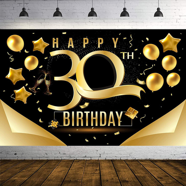 Happy 30th Birthday Backdrop Banner Black and Gold 30th Birthday Party ...