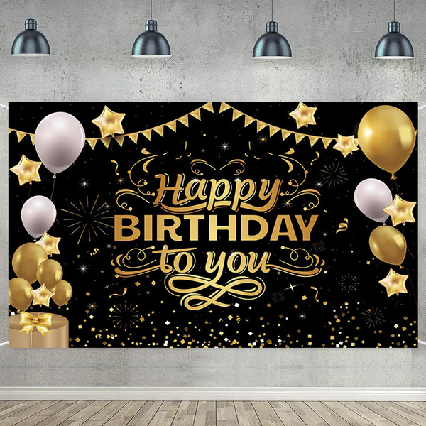 Black and Gold Happy Birthday Backdrop Birthday Party Decorations Sign ...