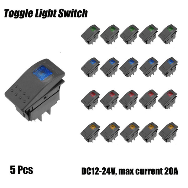 5pcs 12V 20A Blue/Red/Yellow/Green LED Rocker Switch On-Off 4 Pins ...
