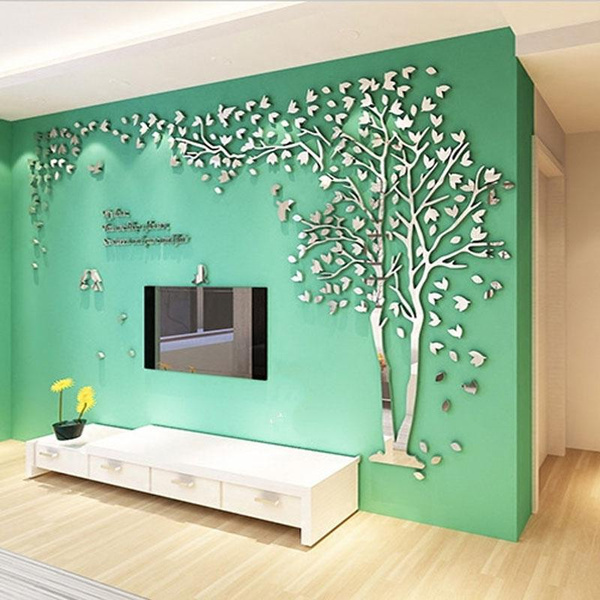 Large Size Couple Tree Mirror Wall Stickers TV Backdrop DIY 3D Acrylic ...