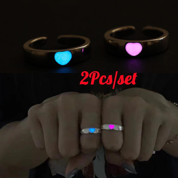 2Pcs/set Love Heart Glow In Dark Rings Set Luminous Couple Rings for ...