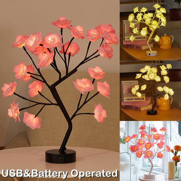 DIY Artificial Rose Flower Tree Lamp Battery&USB Operated LED Tabletop ...