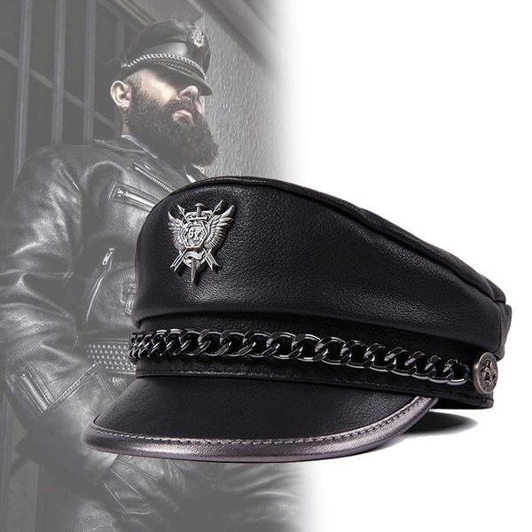 Genuine Leather Policeman Uniform Cap for Men COP Cap Cosplay Costume ...