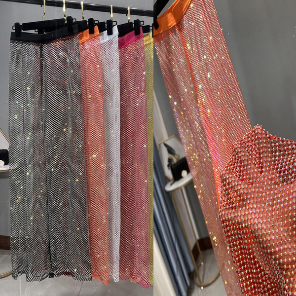 Women Sparkling Crystal Diamond Straight Leg Pants Sexy Hollowed Out ...