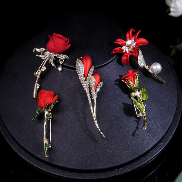 Red Rose Brooch Simple Elegant Fashion Corsage Brooch Pin Gold Plated ...