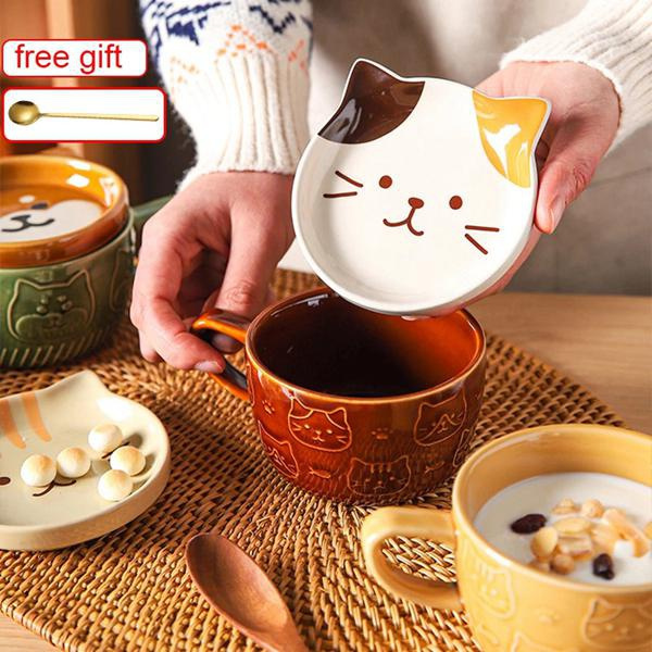 Ceramics Cute Cat Cup Animal Coffee Cups Mug with Lid Personality Gift ...