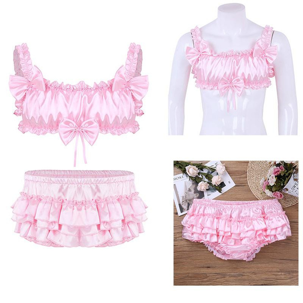 Mens Satin Lingerie Set Crossdressing Costume Bra Tops Mini Short Skirt ...