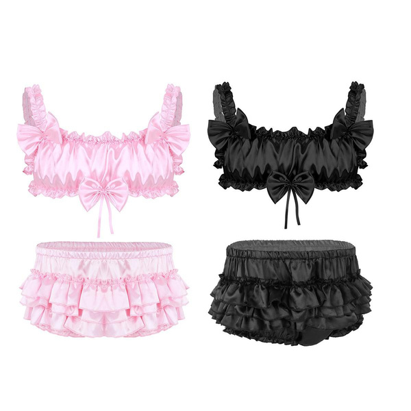 Mens Sissy Crossdressing Costume Men Satin Lingerie Set Ruffled Bra Top ...