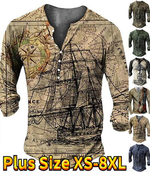 Men's Button Long Sleeve Comfortable Top Vintage Pattern Element Print ...