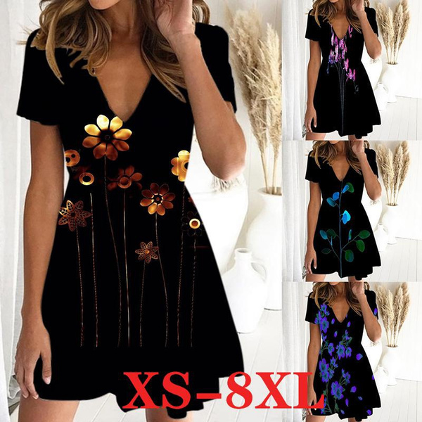 2022 Summer Women's Loose Street Hipster Plus Size Dress Personality Print Short Sleeve Dress XS ...