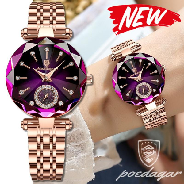 POEDAGAR Watch for Women Luxury Jewelry Design Rose Gold Steel/Leather ...