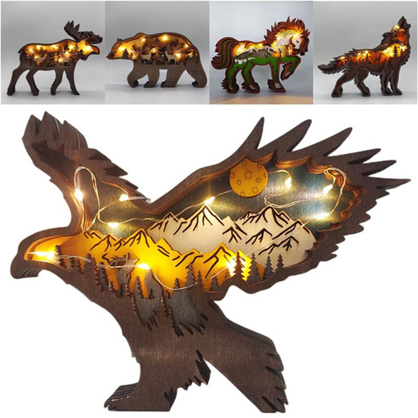 Wooden Animal Ornaments Creativity Wolf Totem LED Light Bear Statue ...