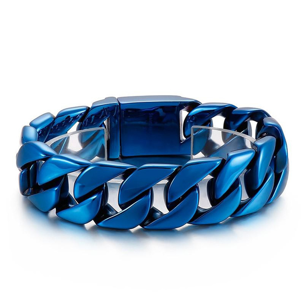 Heavy Blue Cuban Chain Bracelet For Men's Stainlss Steel Bangle Cool ...