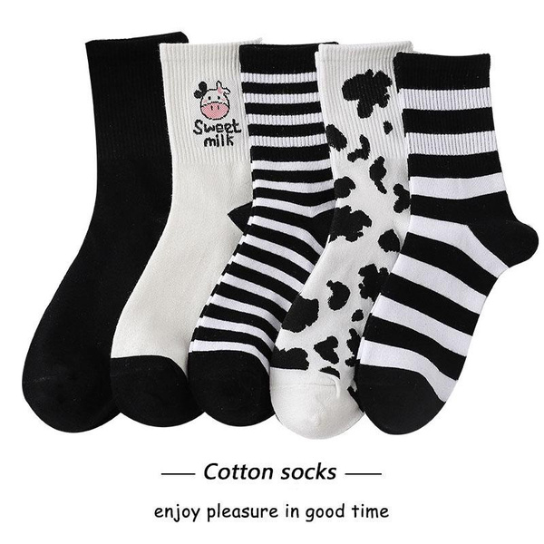 New Women's Black and White Striped Cotton Socks, Dairy Cow Pattern ...
