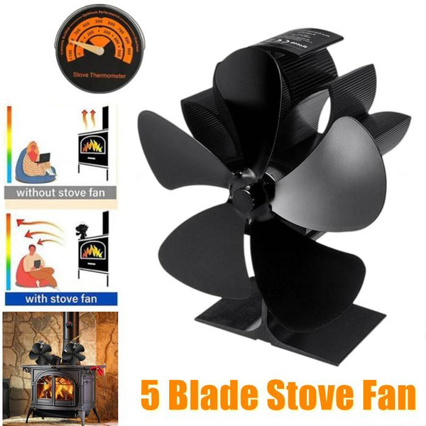 5 Blade Heat Powered Stove Fan Black Fireplace Log Wood Burner Eco-fan ...