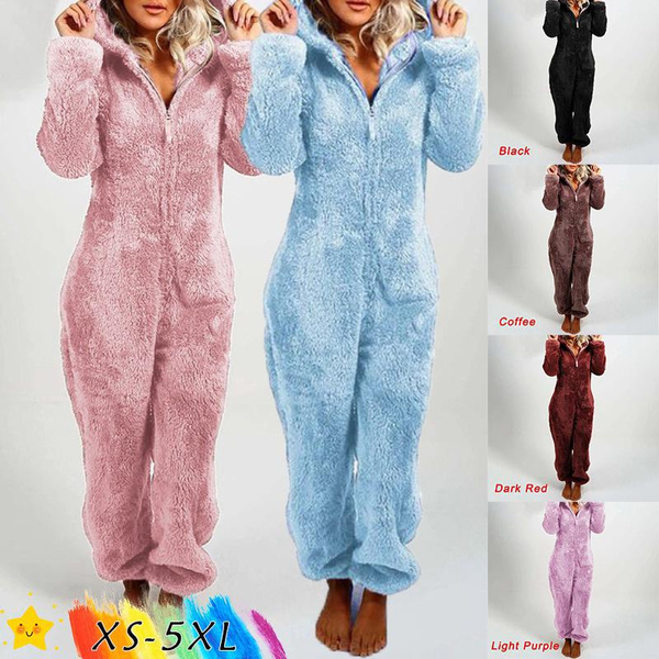 Women's Fashion Plush One-piece Hooded Pajamas Winter Casual Long ...