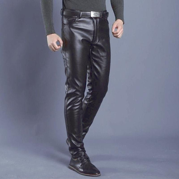 Men Shinny PU Leather Pants Black Tight Stretch Motorcycle Trousers ...