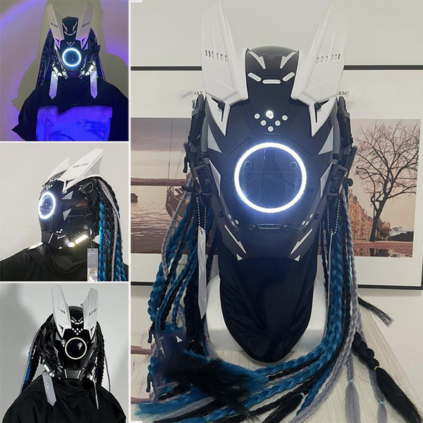 White Corner Round Light Braid Cyberpunk Mask Cosplay Luminous Mask ...