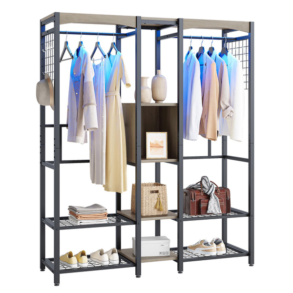 Metal Freestand Wardrobe w/Wood Shelves and Color Changing Lights, Gray ...