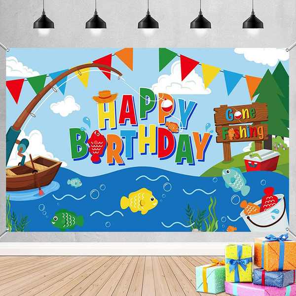 Gone Fishing Themed Birthday Backdrop Banner Blue Sky White Clouds ...