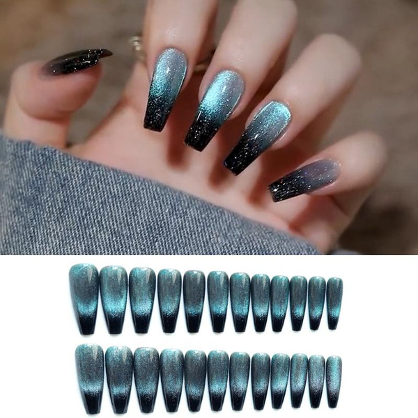 Long Ballerina Press on Nails Ombre Dark Blue Cat Eye Effect Glossy ...