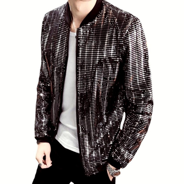 Spring New Sequined Bomber Jacket Men Long Sleeve Glitter Zipper Thin ...