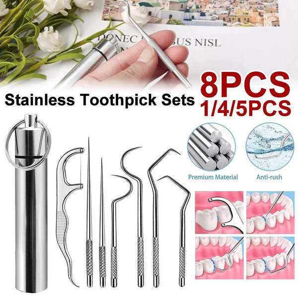 1/4/5/8pcs Stainless Steel Floss Toothpick Set Oral Cleaning Tooth ...