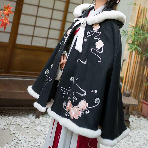 Women Chinese Hanfu Cape Hooded Cloak Poncho Wrap Coat Fleece Lined ...
