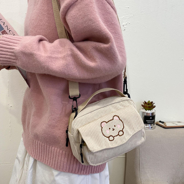 Cute Cartoon Messenger Tote Bag Crossbody Bag Corduroy Bear Student ...