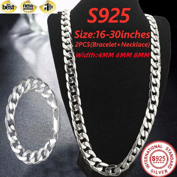 2PCS (Bracelet + Necklace) 925 Sterling Silver Flat Sideways Smooth ...