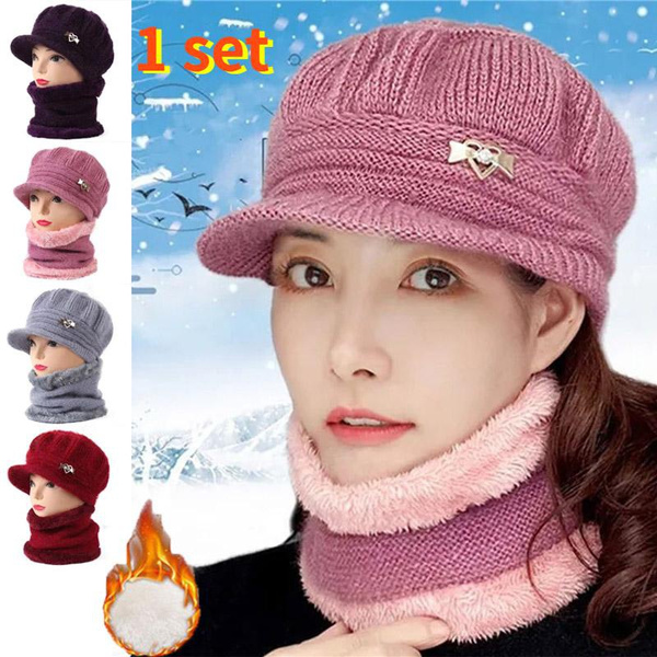 1 Set Scarf And Hat Winter Mother Female Lady Woolen Hat Scarf Plus