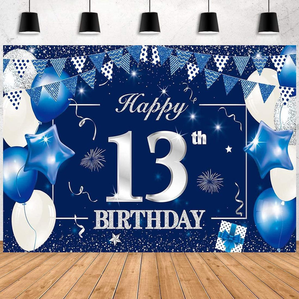 Happy 13th Birthday Backdrop Blue Silver 13th Birthday Decorations ...