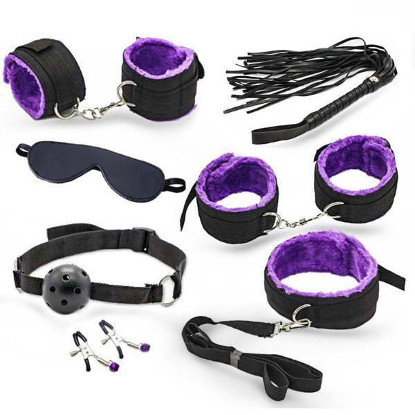 7 Pcs Set Sexy Nylon BDSM Bondage Set Handcuffs Ankle cuff Whip Rope ...