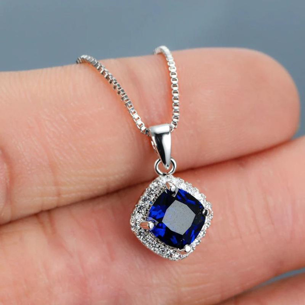 Exquisite Fashion Square Blue Sapphire Pendant Necklace for Women ...