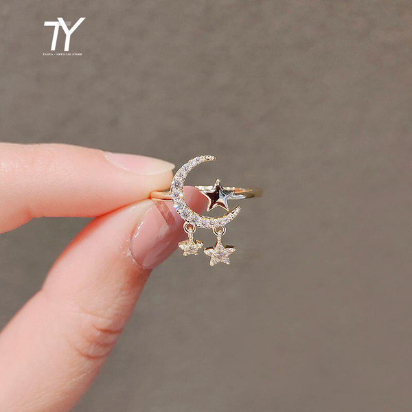 Klasik Mewah Zirkon Bintang Bulan Warna Emas Cincin Terbuka untuk ...