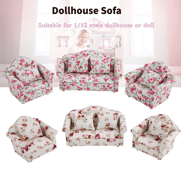 Mini Furniture Wooden Sofa Set With Back Cushions 1/12 Scale Dollhouse ...