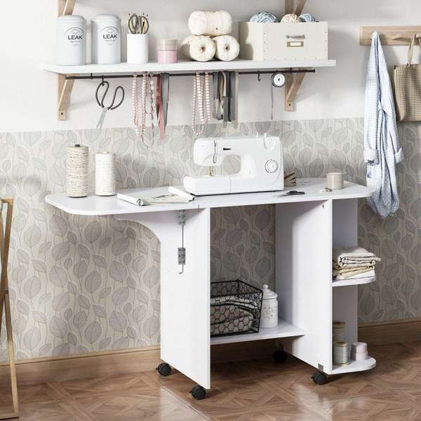 Wood Folding Sewing Table With Lockable Casters Expanded Rolling Craft ...