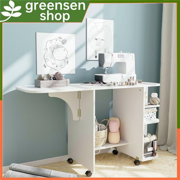 Greensen Wood Folding Sewing Table With Lockable Casters Expanded ...