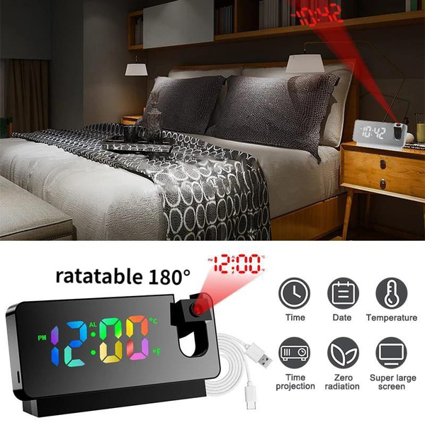 Upgraded LED Digital Alarm Clock 180° Rotating Projection Clock ...